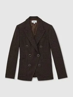 REISS Wool-blend Double-breasted Check Blazer - Brown Check