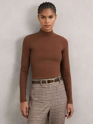 REISS Polly Stretch-cotton Funnel-neck Top - Brown