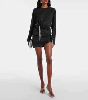 AREA Draped Embellished Jersey Miniskirt