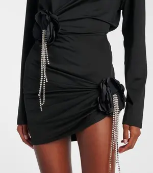 AREA Draped Embellished Jersey Miniskirt