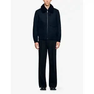Sandro Shearling-collar Wool-blend Aviator Jacket - Navy Blue