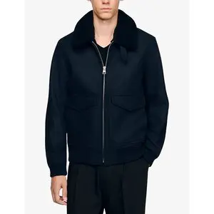Sandro Shearling-collar Wool-blend Aviator Jacket - Navy Blue