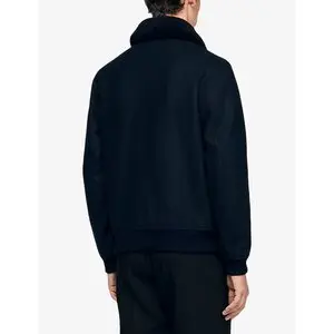 Sandro Shearling-collar Wool-blend Aviator Jacket - Navy Blue