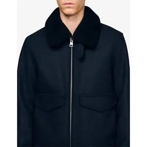 Sandro Shearling-collar Wool-blend Aviator Jacket - Navy Blue