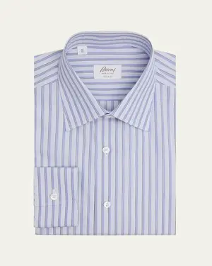 Brioni Men's Giza 45 Poplin Multi-Stripe Dress Shirt Whtblu