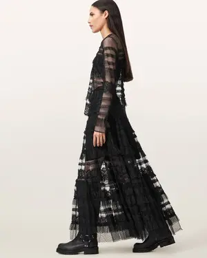 ALLSAINTS Arlea Tulle Maxi Skirt With Lace Trims - Black