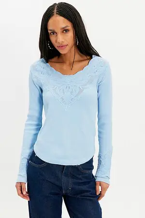 Free People Embroidered Long-sleeve Thermal Top - Cashmere Blue