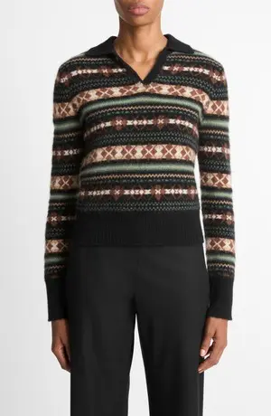 Vince Fair Isle Cashmere Polo Sweater - Cacao/malachite Comb