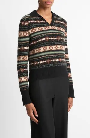 Vince Fair Isle Cashmere Polo Sweater - Cacao/malachite Comb