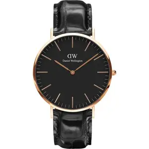 DANIEL WELLINGTON Classic Reading Croc Embossed Leather Strap Watch - Rose Gold