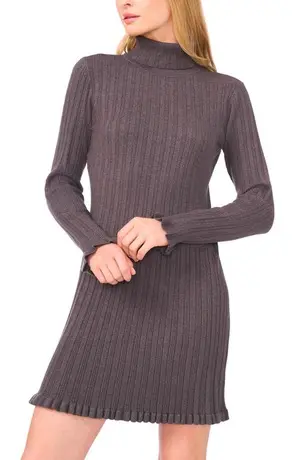 CECE DUPRAZ Long Sleeve Ribbed Turtleneck Mini Dress - Medium Heather Grey