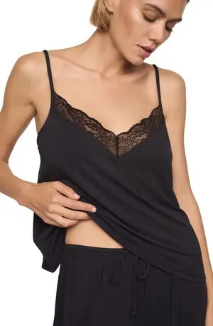 Eberjey Kari Lace Trim Long Pajamas - Black