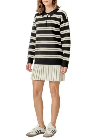 English Factory Stripe Mixed Media Long Sleeve Polo Dress - Black/cream