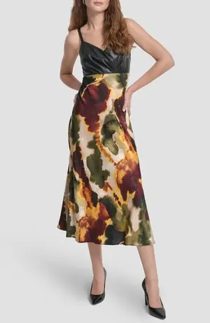 Dkny Faux Leather Mixed Media Midi Dress - Ink Diffusion