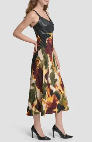 Dkny Faux Leather Mixed Media Midi Dress - Ink Diffusion
