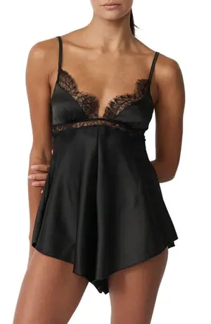 KAT THE LABEL Ray Lace Trim Satin Teddy - Black