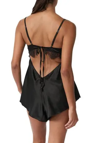 KAT THE LABEL Ray Lace Trim Satin Teddy - Black