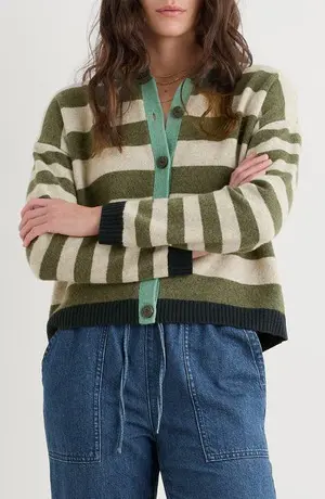 SEASALT CORNWALL Pinwell Stripe Lambswool Blend Cardigan - Knit Bright Light Olive Mix