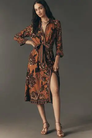 CONDITIONS APPLY Irwania Midi Shirt Dress - Brown Pattern