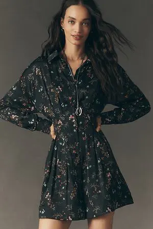 EXQUISE Tobie Long-sleeve Satin Mini Shirt Dress - Black Floral