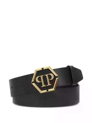 Philipp Plein Hexagon Buckle Leather Belt - 0293 Black/lightgold