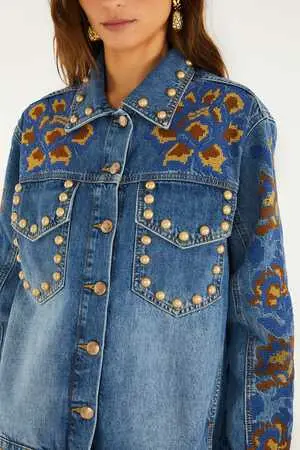 FARM RIO PROVISÓRIO Metal Details Embroidered Jacket - Denim