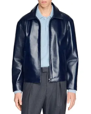 Sandro Leather Zip-up Jacket - Midnight Blue