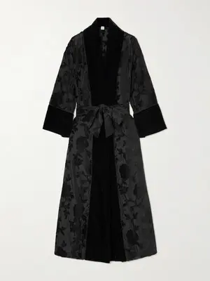 Loretta Caponi Porzia Velvet-trimmed Fil Coupé Satin Robe - Black