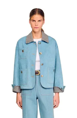 Sandro Plaid Collar Denim Jacket - Blue Jean