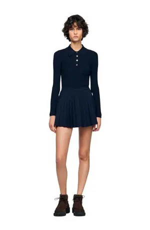 Sandro Buckle-accent Pleated Virgin Wool Skort - Navy Blue