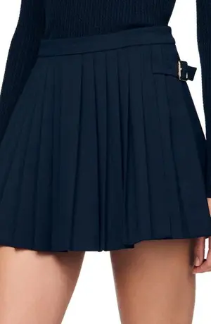 Sandro Buckle-accent Pleated Virgin Wool Skort - Navy Blue