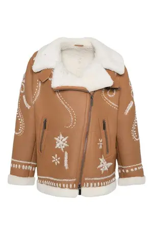 Gorski Genuine Shearling Zip Jacket With Embroidery - White/whiskey