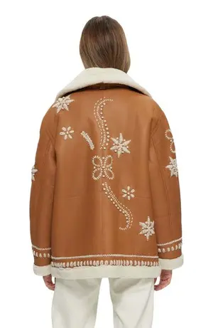 Gorski Genuine Shearling Zip Jacket With Embroidery - White/whiskey
