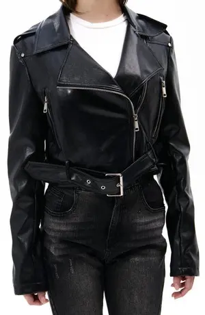 AZALEA WANG Faux Leather Crop Moto Jacket With Attached Belt