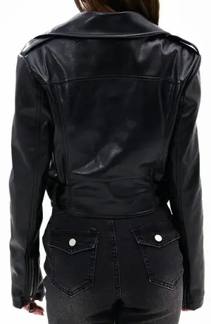 AZALEA WANG Faux Leather Crop Moto Jacket With Attached Belt