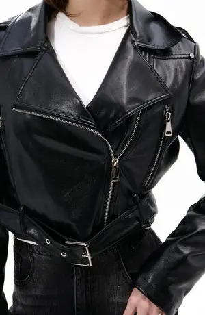 AZALEA WANG Faux Leather Crop Moto Jacket With Attached Belt