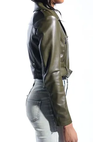 AZALEA WANG Faux Leather Crop Moto Jacket With Attached Belt