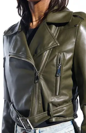 AZALEA WANG Faux Leather Crop Moto Jacket With Attached Belt