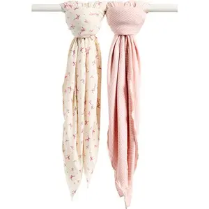 Nordstrom 2-pack Assorted Knit Swaddles - Ivory Birds- Pink Kit Stripe