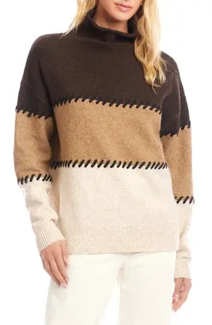 Karen Kane Colorblock Whipstitch Turtleneck Sweater - Multi