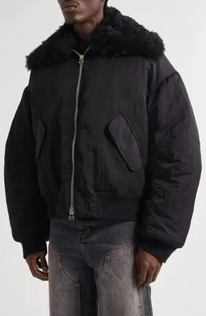 Eckhaus Latta Nylon Bomber Jacket With Genuine Shearling Collar In