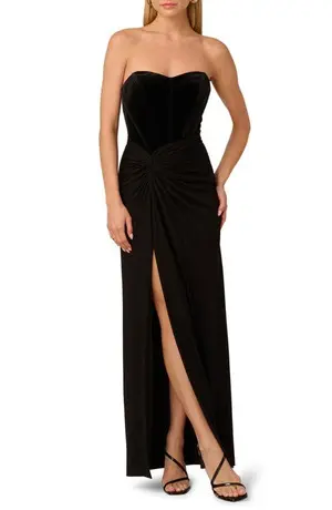 Adrianna Papell Velvet & Jersey Slit Gown - Black