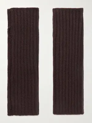 YVES SALOMON Ribbed Cashmere Fingerless Mittens - Brown
