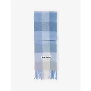 Acne Studios Checked Fringed Knitted Scarf Light Blue/white/