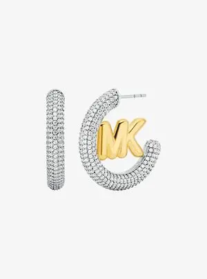 Michael Kors Large Pavé Logo Charm Two-tone Hoop Earrings - Silver