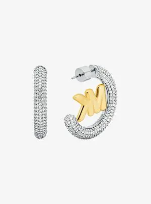 Michael Kors Large Pavé Logo Charm Two-tone Hoop Earrings