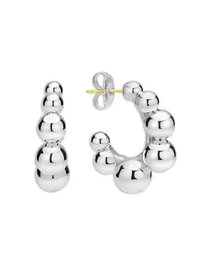 Lagos 18k Yellow Gold & Sterling Caviar Bubbly Beaded Hoop Earrings - Silver