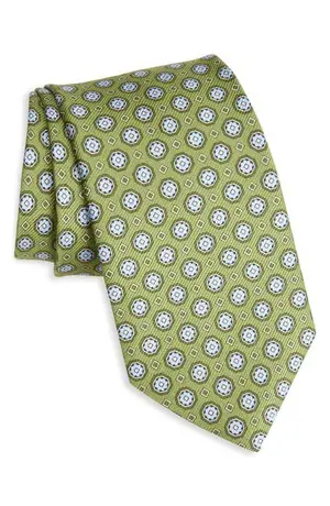 David Donahue Geometric Medallion Silk Neck Tie - Green