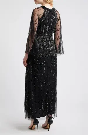 Pisarro Nights Illusion Long Sleeve Beaded A-line Gown