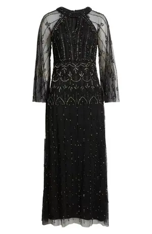 Pisarro Nights Illusion Long Sleeve Beaded A-line Gown